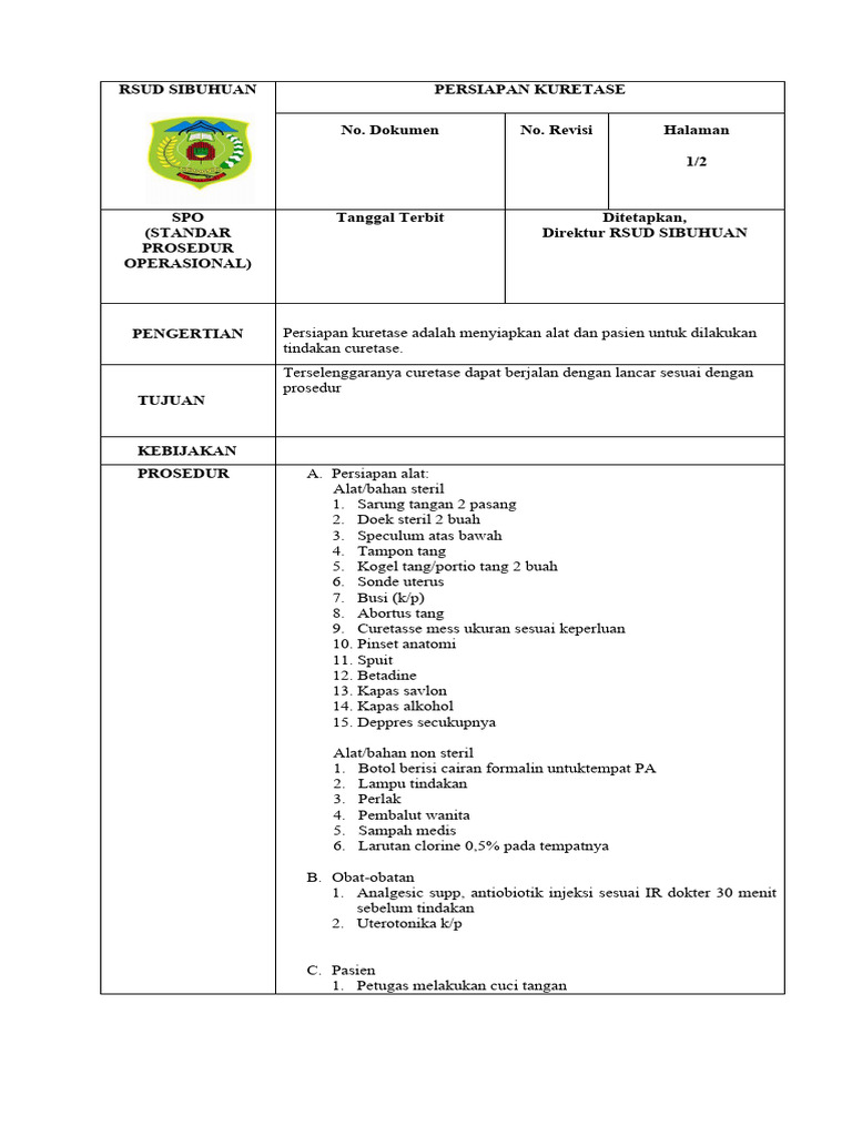 Persiapan Prosedur Kuretase RSUD Sibuhaan | PDF