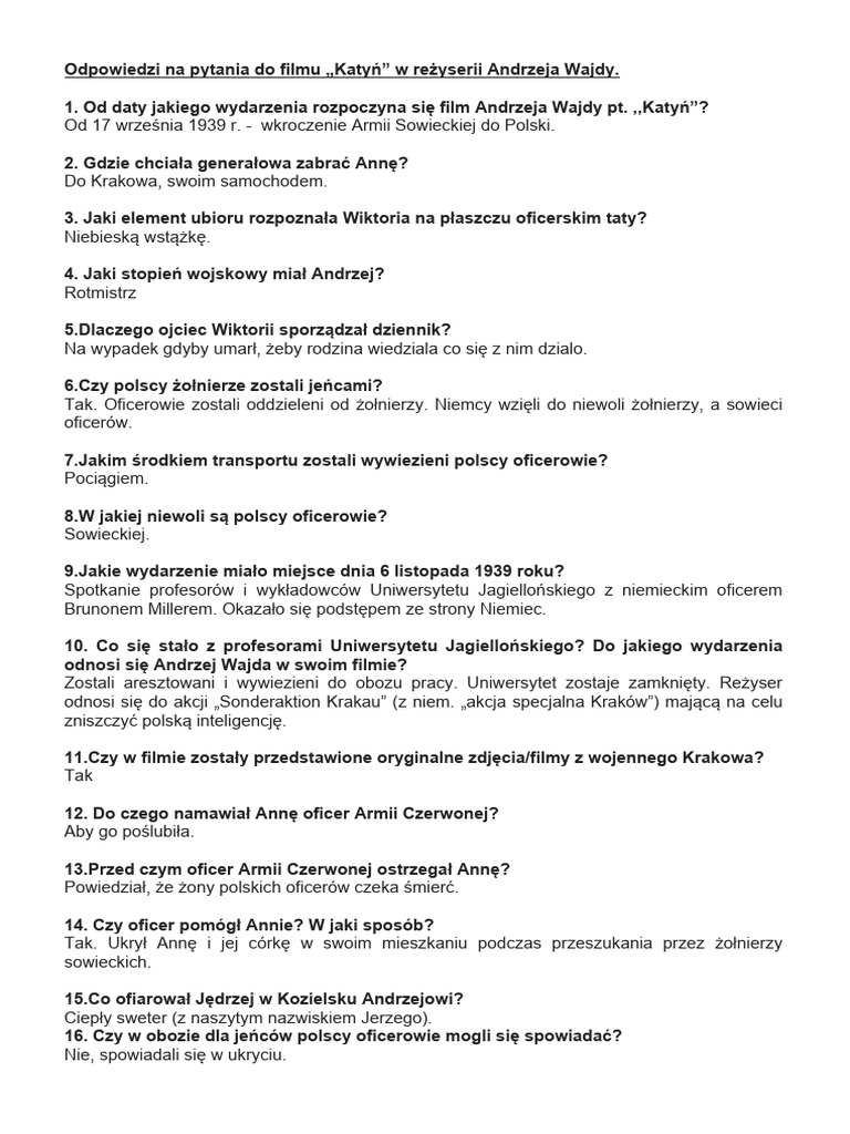 Katyn Pytania Do Filmu Wajdy | PDF