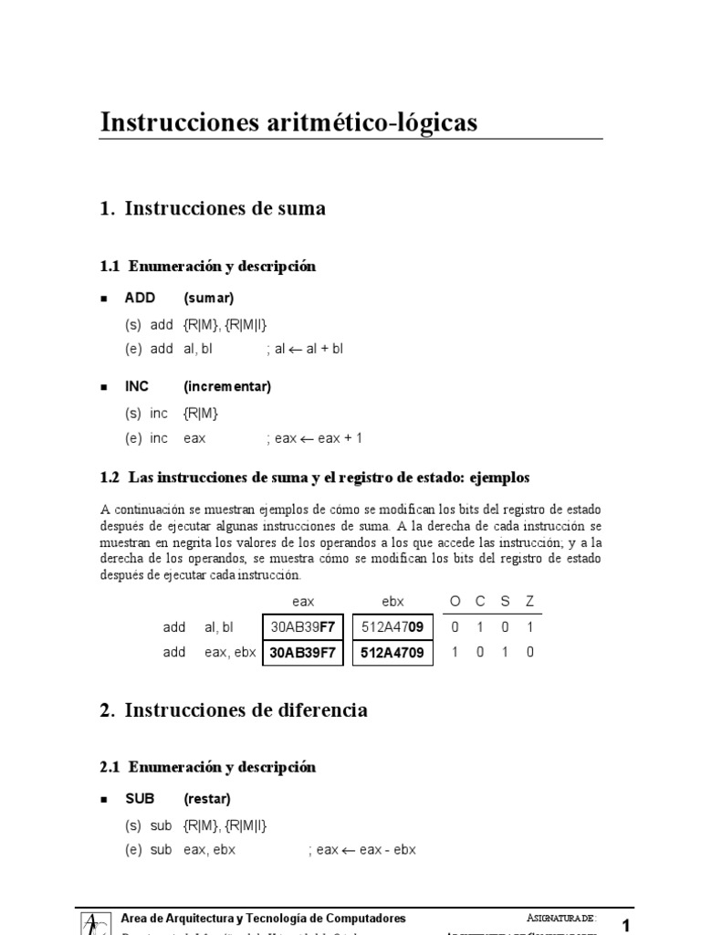Instrucciones Aritméticas y Lógicas en ASM | PDF | Poco | Puerta lógica