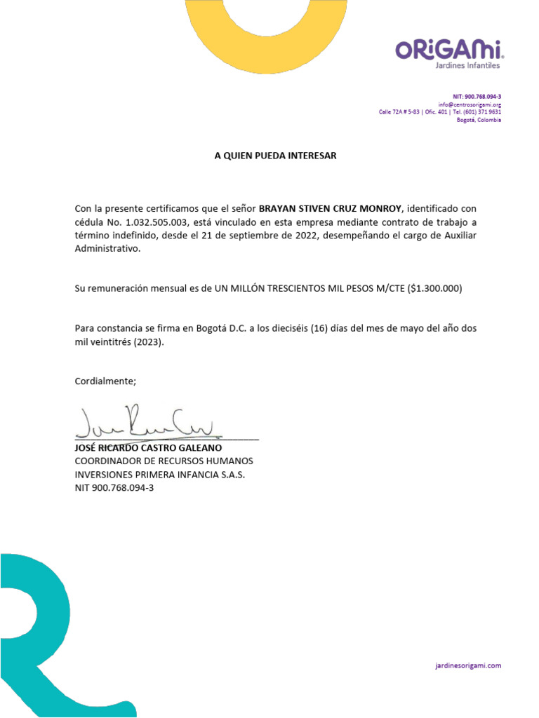 Certificación Laboral de Brayan Cruz Monroy | PDF | Finanzas y dinero