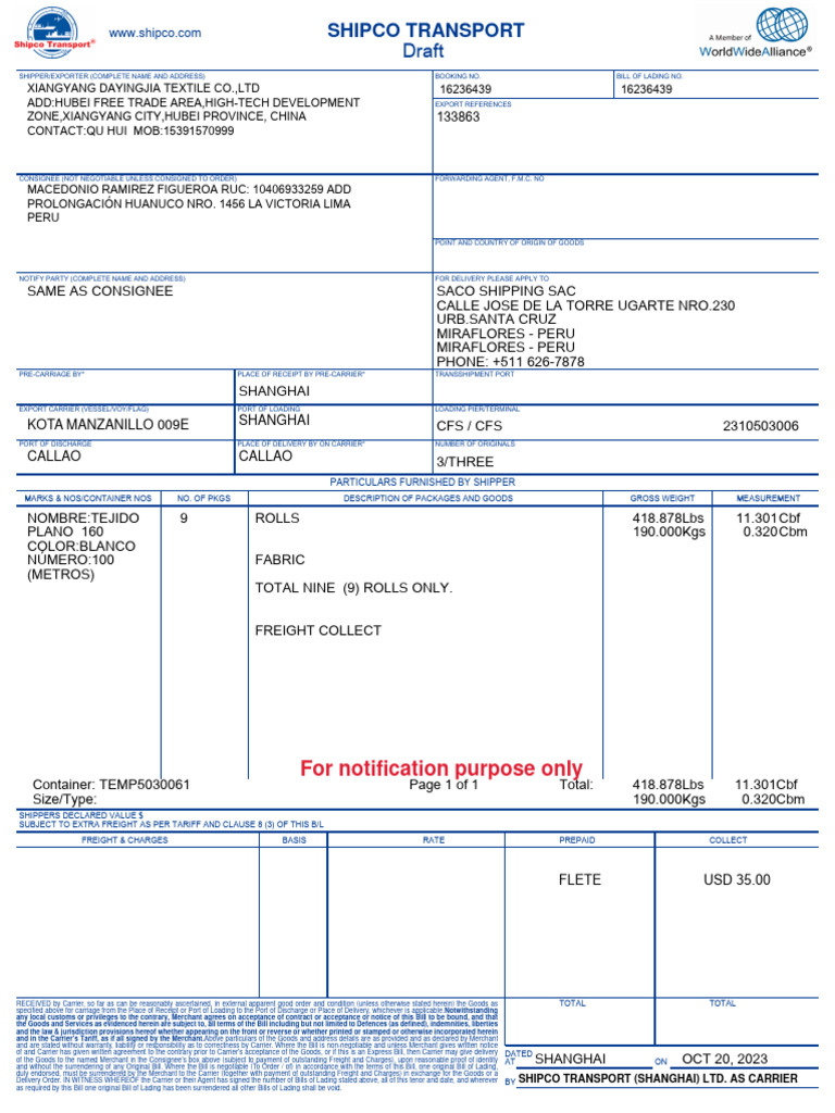 Shipco BOL 16236439 20231017011110 | PDF | Bill Of Lading | Common Carrier