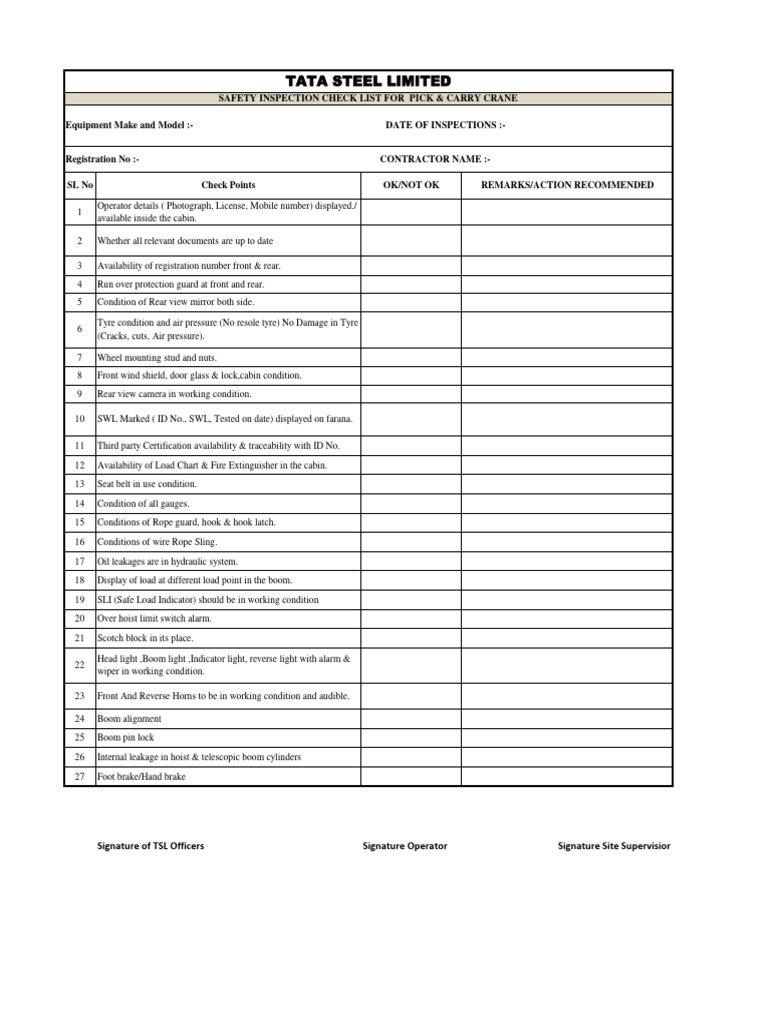 Daily Check For Pick Carry (Farana) Check List Tata | PDF