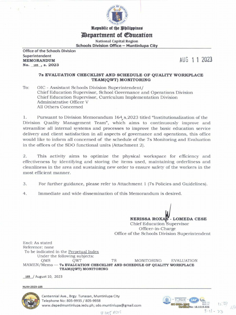 7s Evaluation Checklist and Schedule of Quality Workplace Team (QWT ...