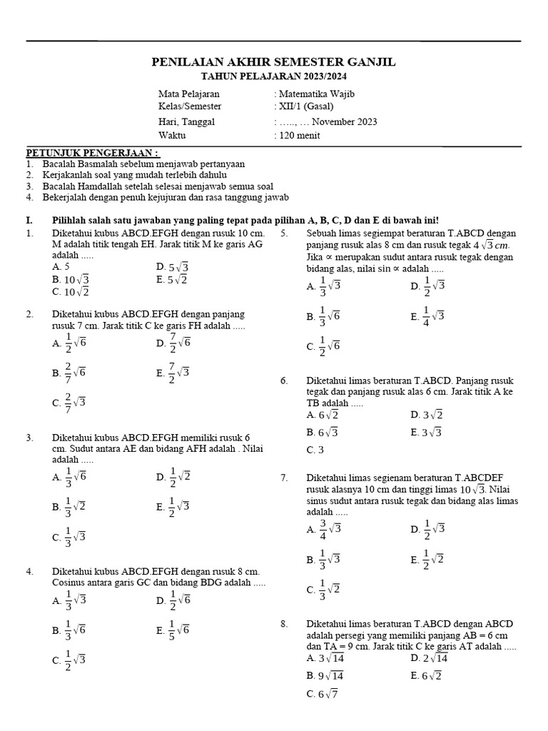 1 - Soal Matematika Wajib Kelas 12 MA ARROHMAH | PDF