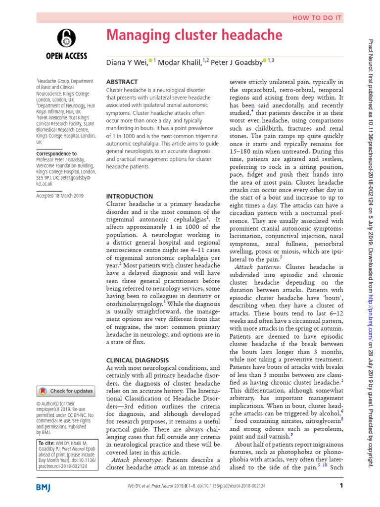 Managing Cluster Headache | PDF | Headache | Medicine
