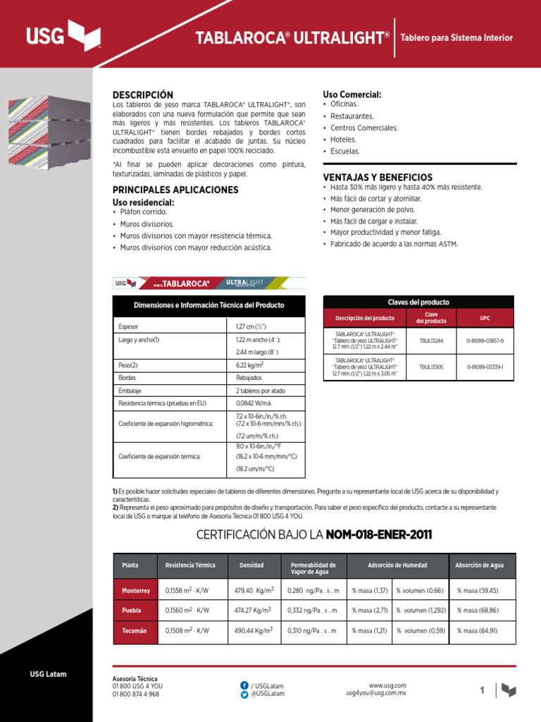 01-Usg Tablaroca® Ultralight | PDF | Revestimientos de paredes | Materiales