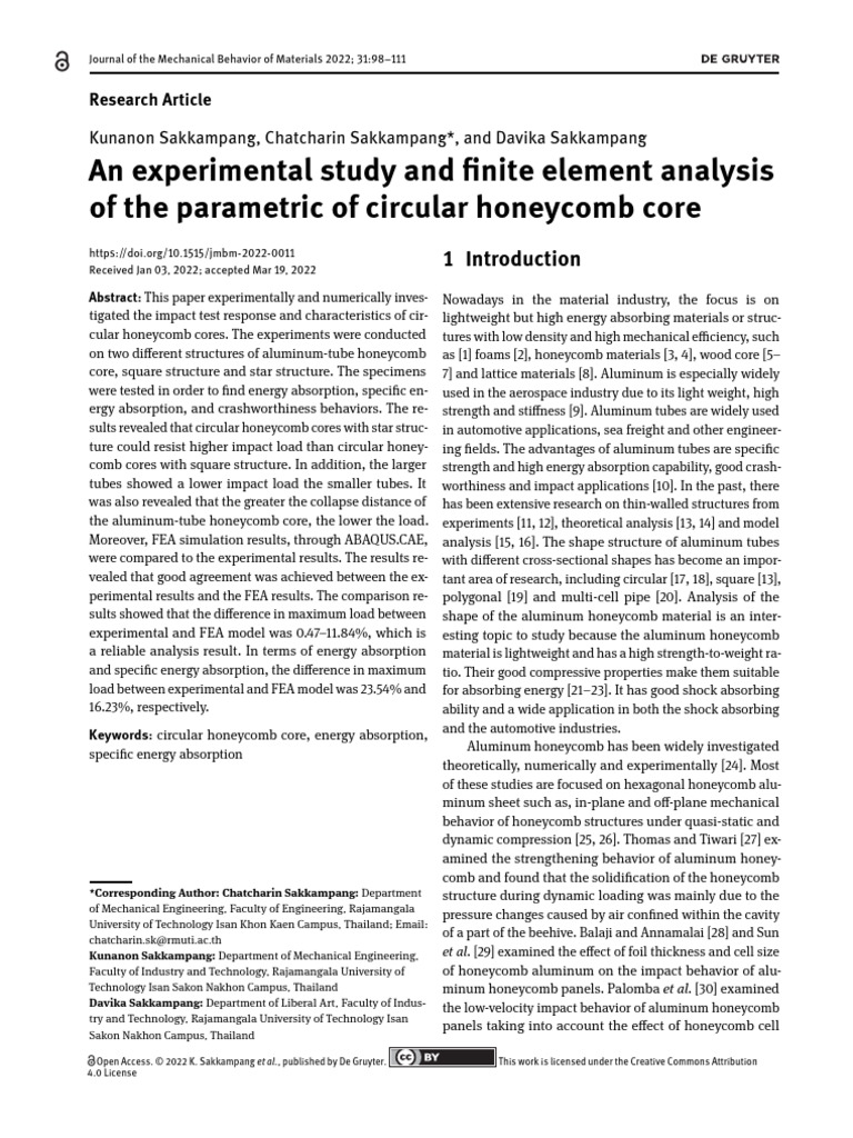 An Experimental Study and Finite Element Analysis of The Parametric of Circular Honeycomb Core ...