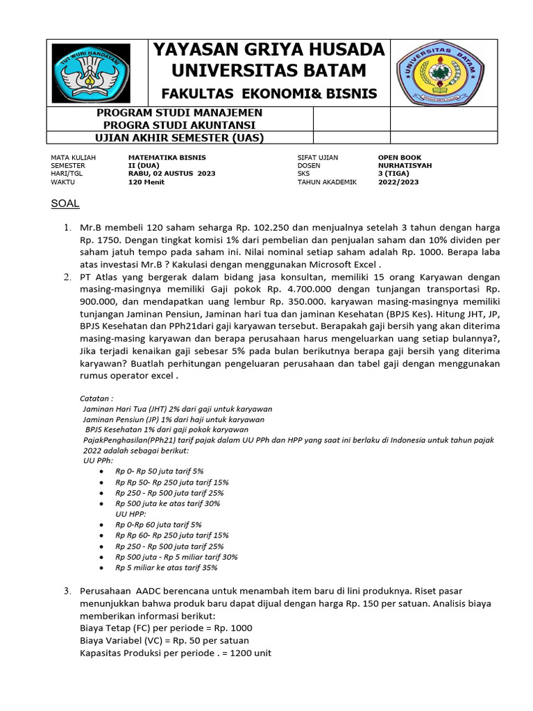 Soal Ujian UAS MTK - Bisnis | PDF | Bisnis | Teknologi & Rekayasa