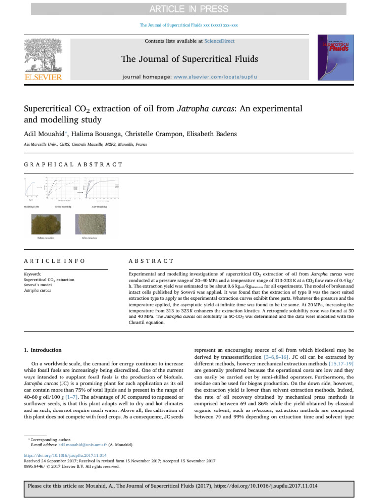 Supercritical CO2 Extraction of Oil From Jatropha Curcas: An Experimental and Modelling Study ...