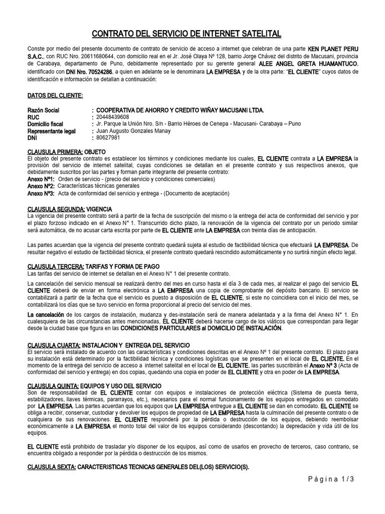 Contrato de Servicio de Internet Satelital | PDF | Business | Internet