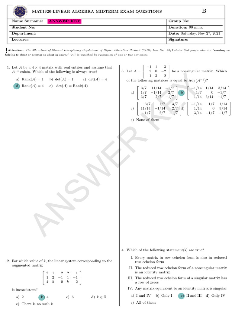 Midterm-I B ENG - Answer Key | PDF | Matrix (Mathematics) | Determinant