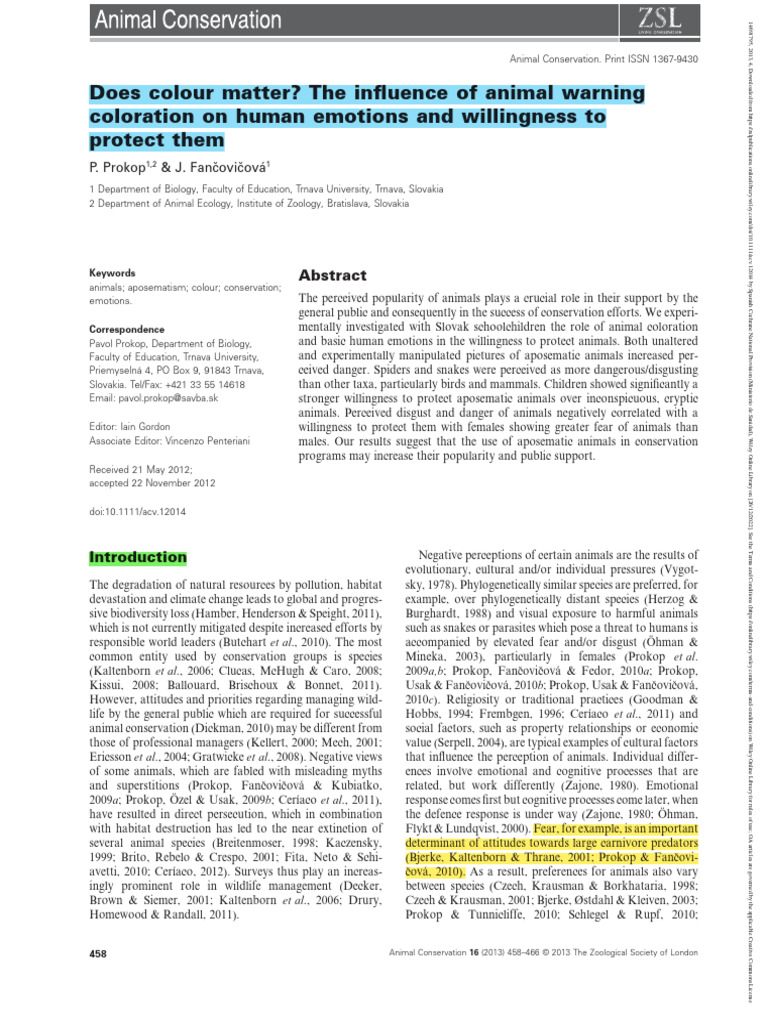 Does Colour Matter The Influence of Animal Warning Coloration On Human ...