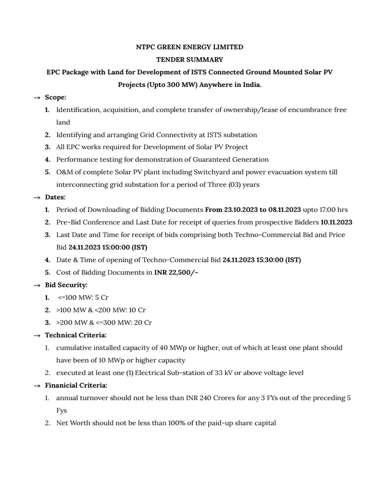 NTPC Solar PV Project Tender Summary | PDF