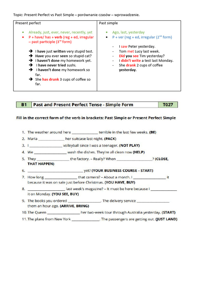 Present Perfect Vs Past Simple | PDF