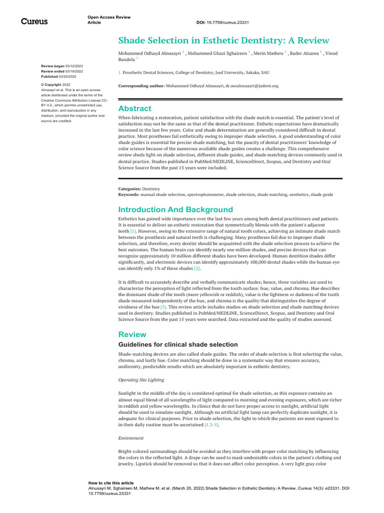 Shade Selection in Esthetic Dentistry A Review | PDF ...