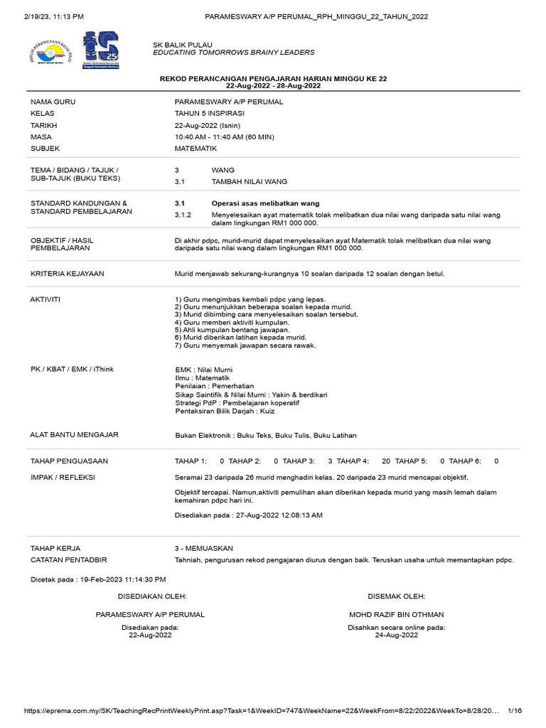 Parameswary A - P Perumal - RPH - Minggu - 22 - Tahun - 2022 | PDF