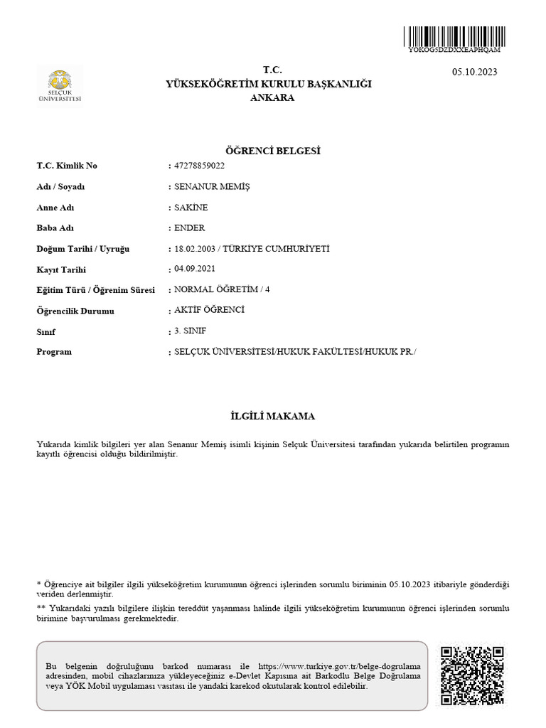 Öğrenci Belgesi | PDF