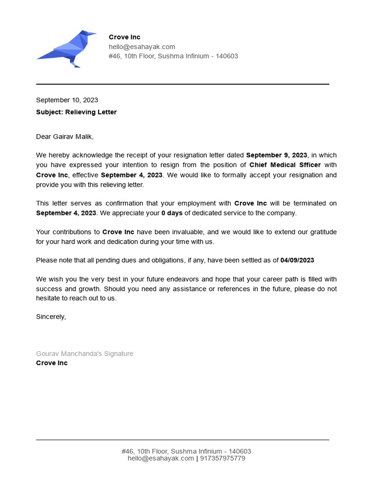 Sample Relieving Letter - Template | PDF