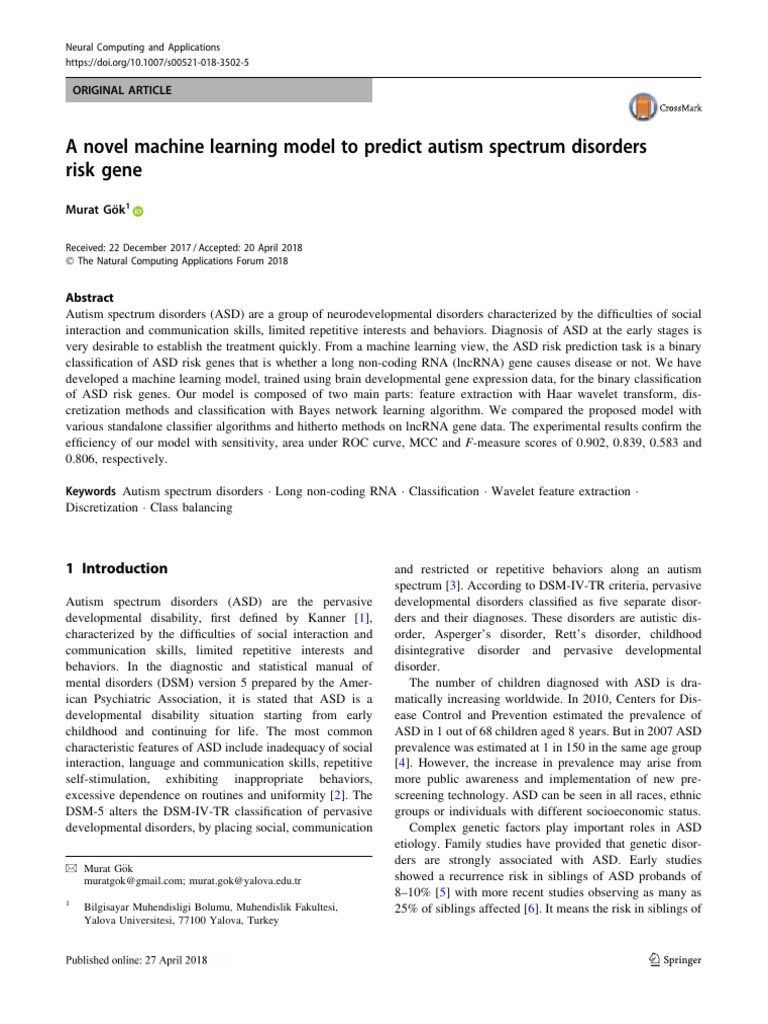 A Novel Machine Learning Model To Predict Autism Spectrum Disorders Risk Gene | Download Free ...