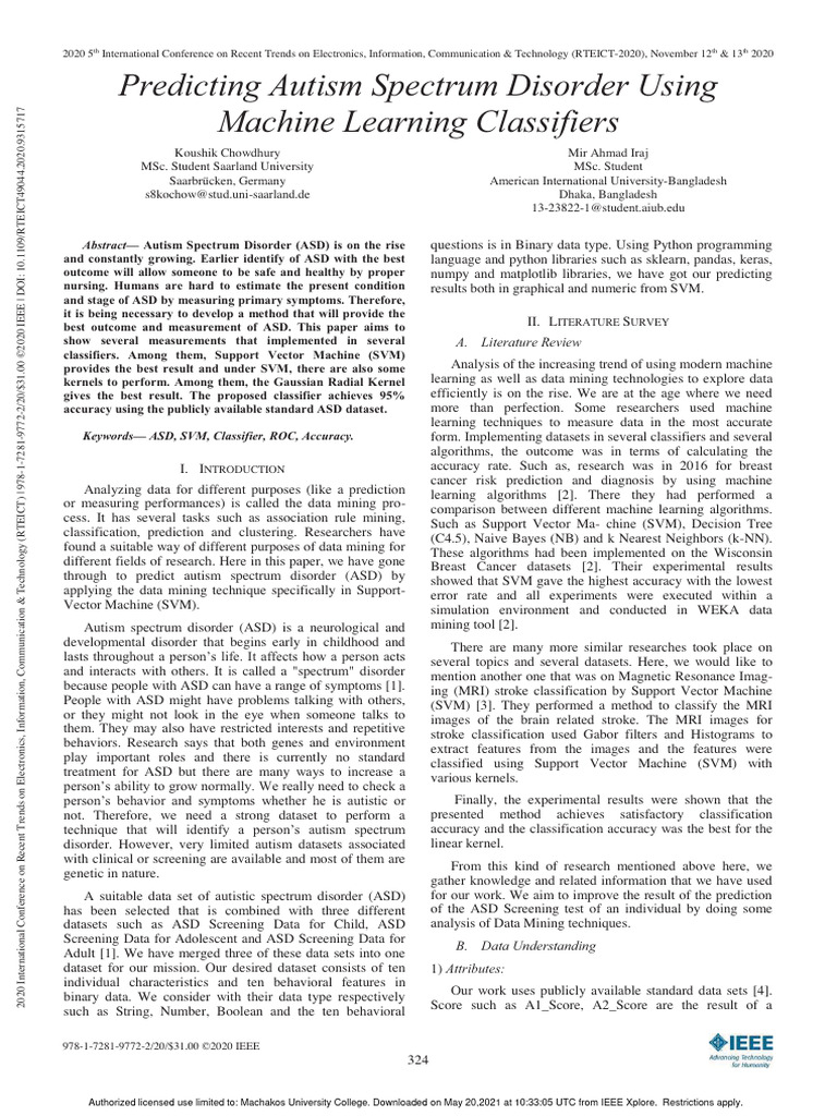 Predicting Autism Spectrum Disorder Using Machine Learning Classifiers | PDF | Receiver ...