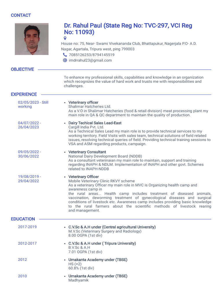 CV - DR Rahul Updated | PDF | Veterinary Medicine | Anesthesia