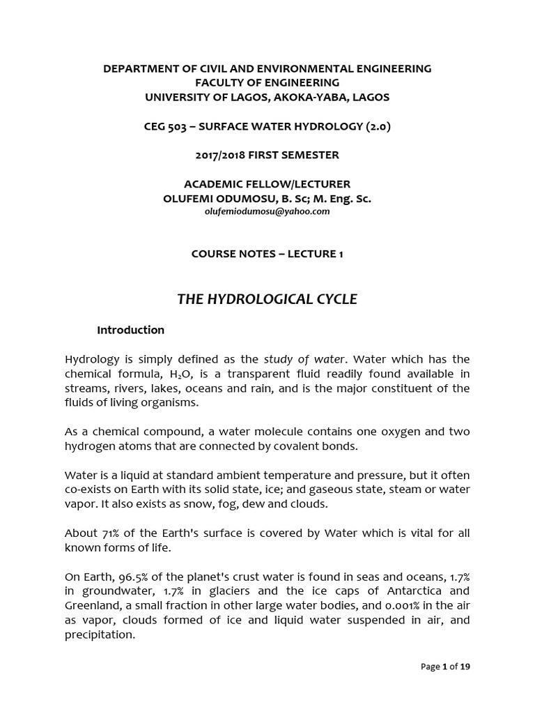 CEG503SurfaceWaterHydrology-Lecture 1 Hydrological Cycle 2018semester | PDF | Hydrology | Water ...