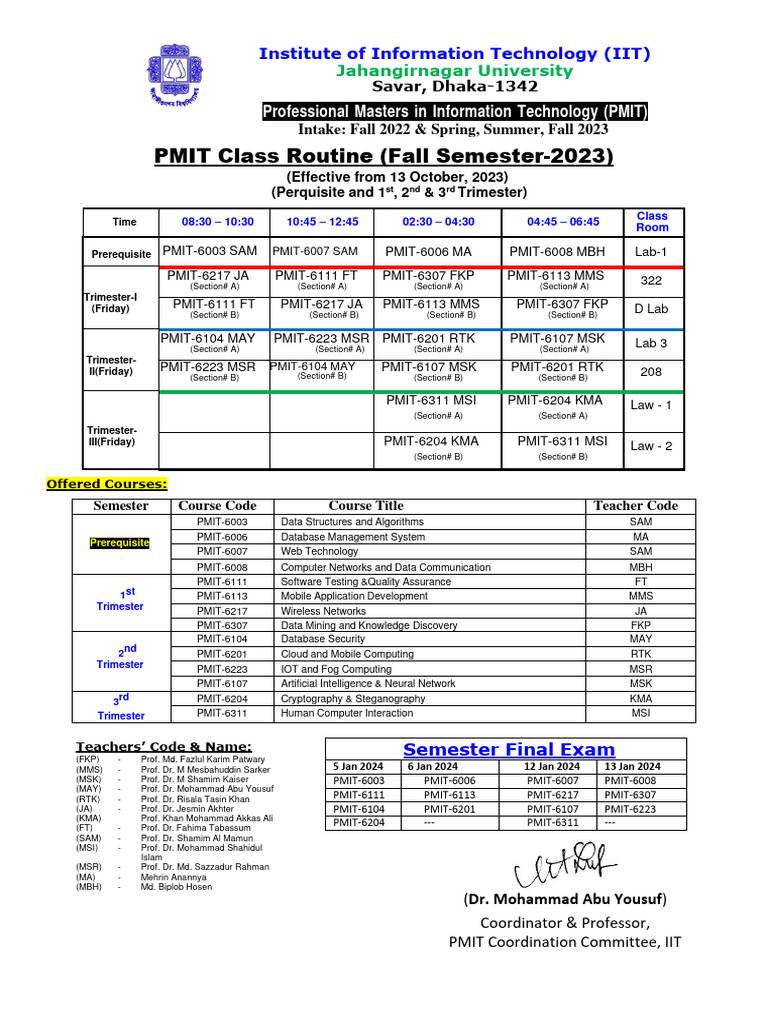 PMIT Class Routine (Fall Semester-2023) : Professional Masters in Information Technology (PMIT ...