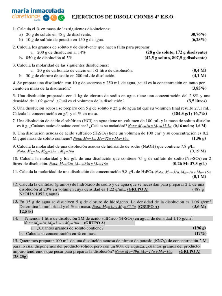 Ejercicios de Disoluciones 4eso | PDF | Concentración | Agua