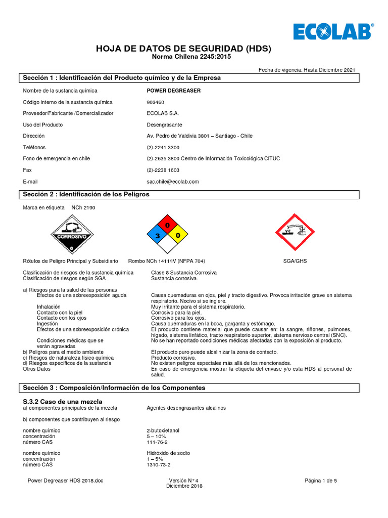 Ficha Técnica Power Degreaser Ecolab | PDF | Residuos | Concentración