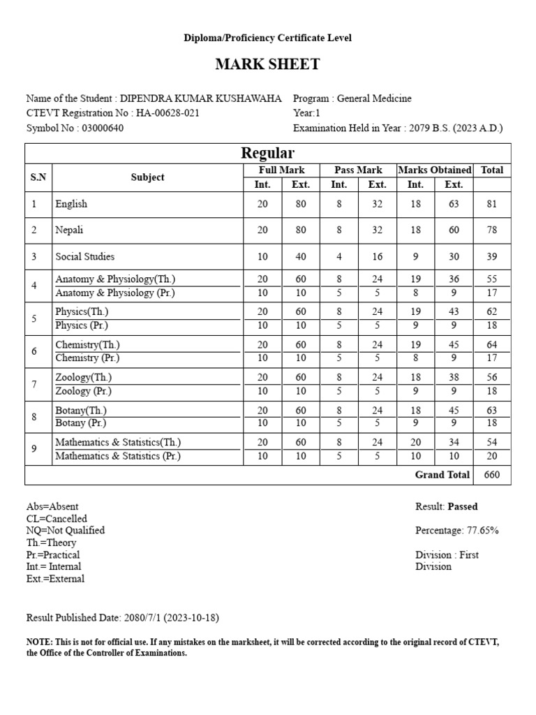 CTEVT - Mark Sheet Print Dipen | PDF | Science
