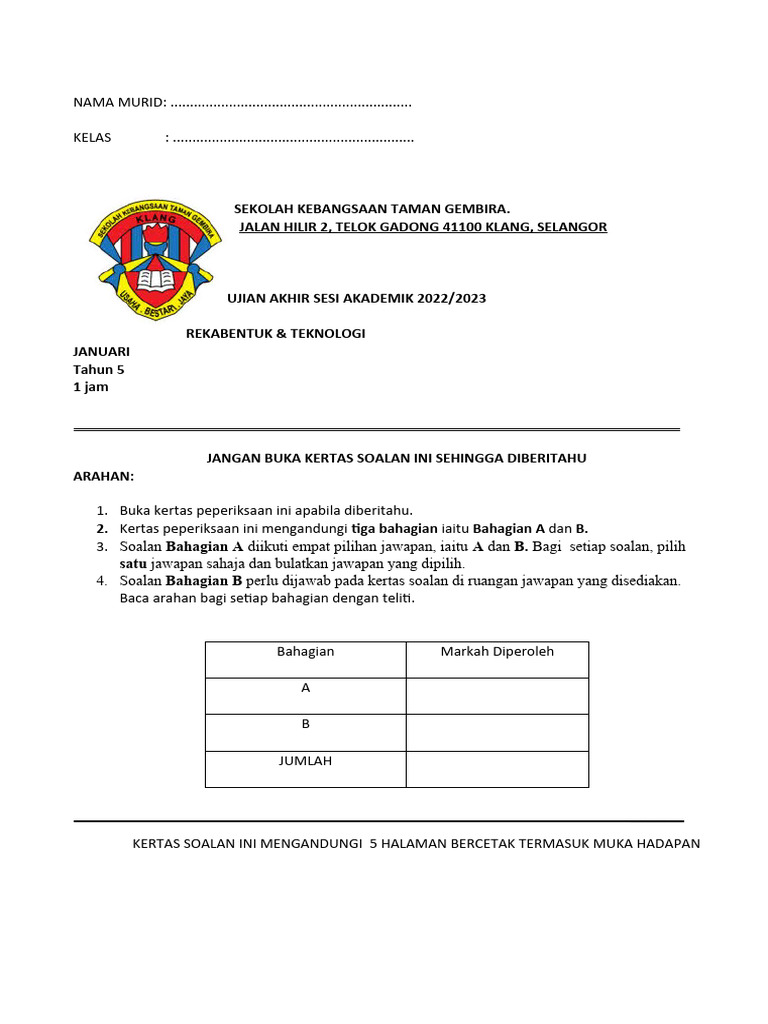 Ujian RBT Tahun 5 2022. | PDF