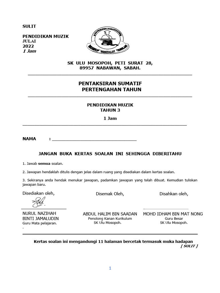 PSPT Pendidikan Muzik Tahun 3 | PDF