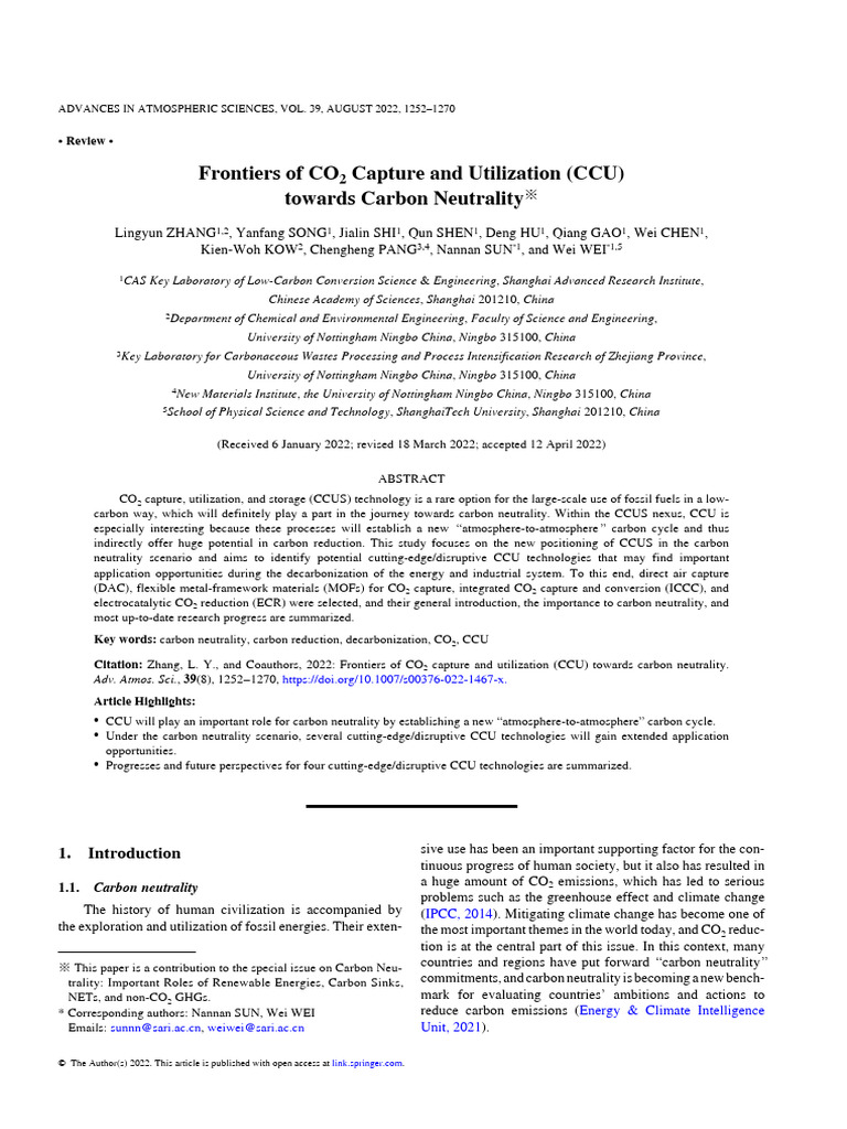 Frontiers of CO Capture and Utilization (CCU) Towards Carbon Neutrality | PDF | Adsorption ...
