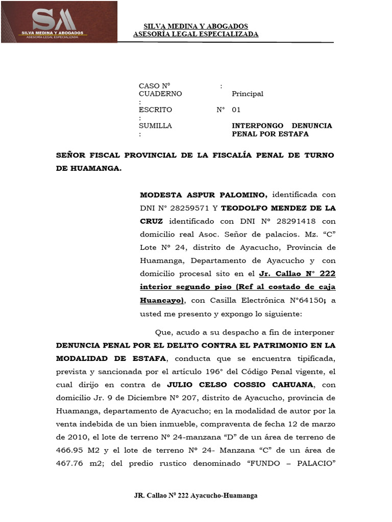 Denuncia Por Estafa | PDF | Trucos de confianza | Crímenes