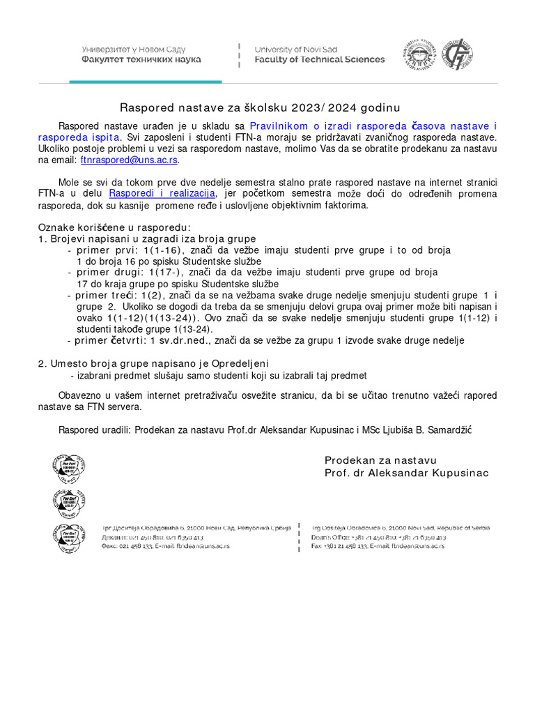 Raspored Nastave Za Školsku 2023/2024 Godinu: Ftnraspored@uns - Ac.rs ...