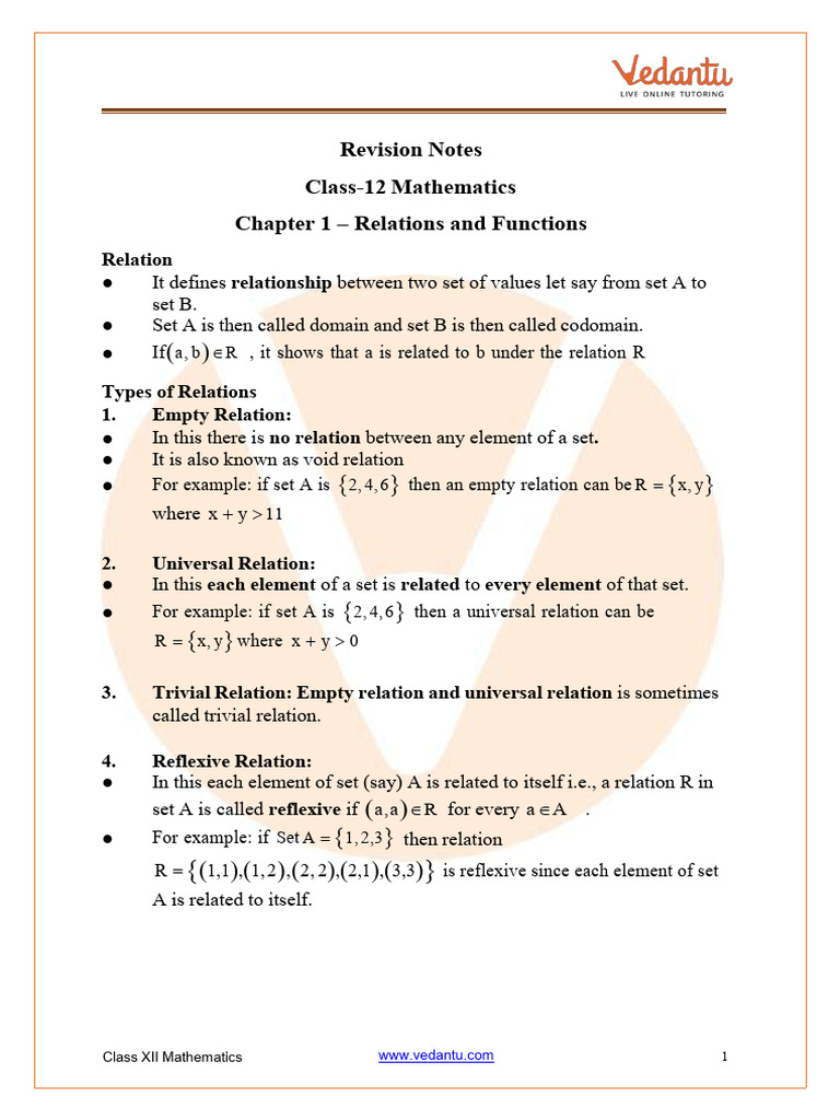 Relations and Functions Class 12 Notes CBSE Maths Chapter 1 (PDF) | PDF ...