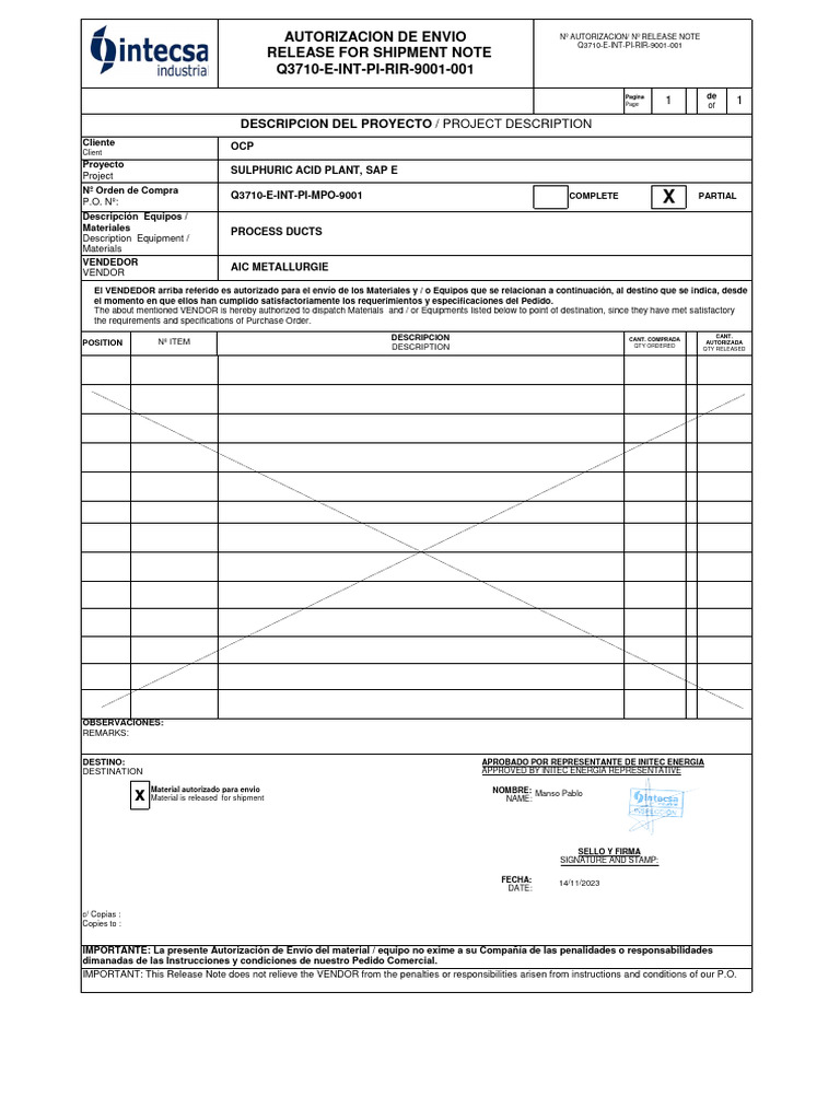 Report Inspection Release - Q3710-E-Int-Pi-Rir-9001-001 | PDF