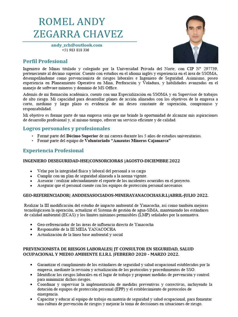 CV - Andy Zegarra | PDF | Seguridad y salud ocupacional | Planificación
