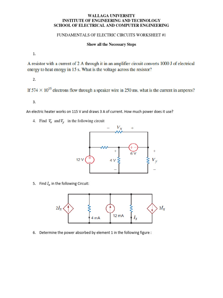 Fundamentals of Electric Circuits Worksheet | PDF