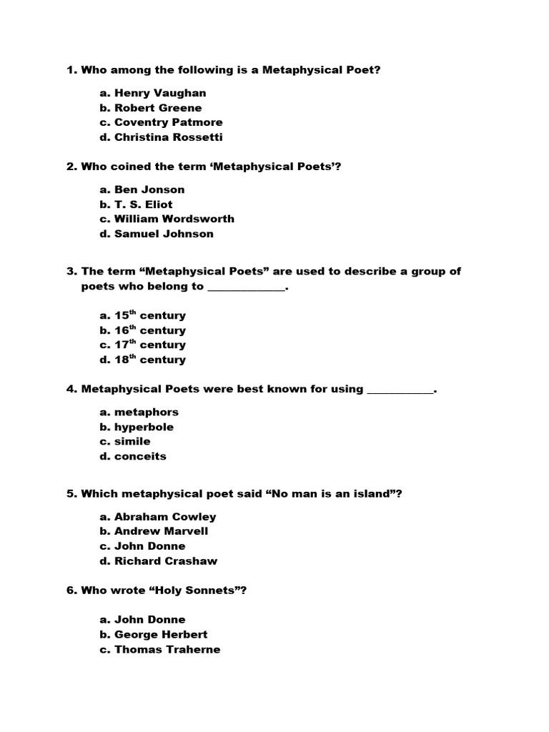 Metaphysical Poetry MCQ | PDF