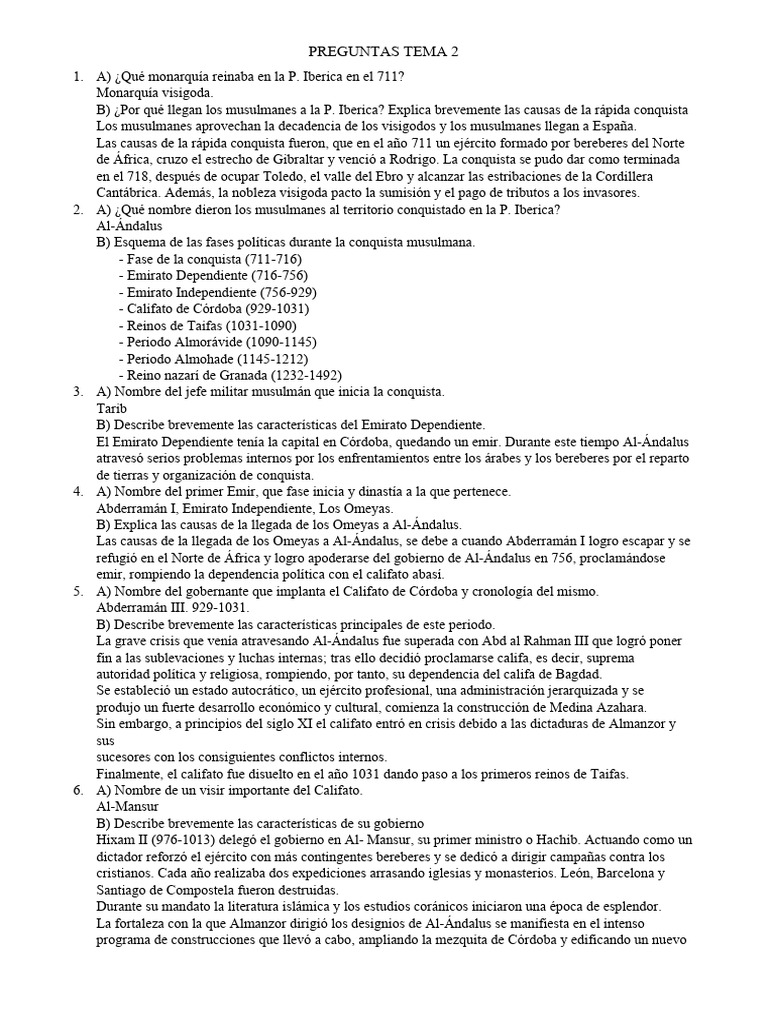 PREGUNTAS TEMA 2 HISTORIA | PDF | Al Andalus | Edades medias