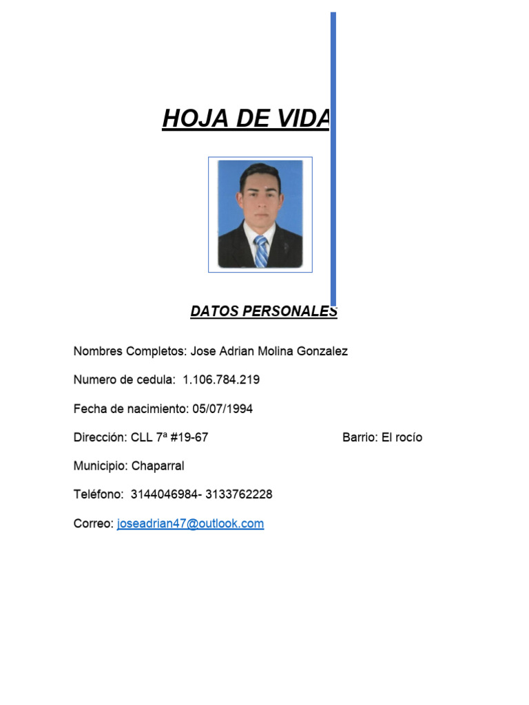 Hoja de Vida Jose Adrian Molina Actualizada | PDF