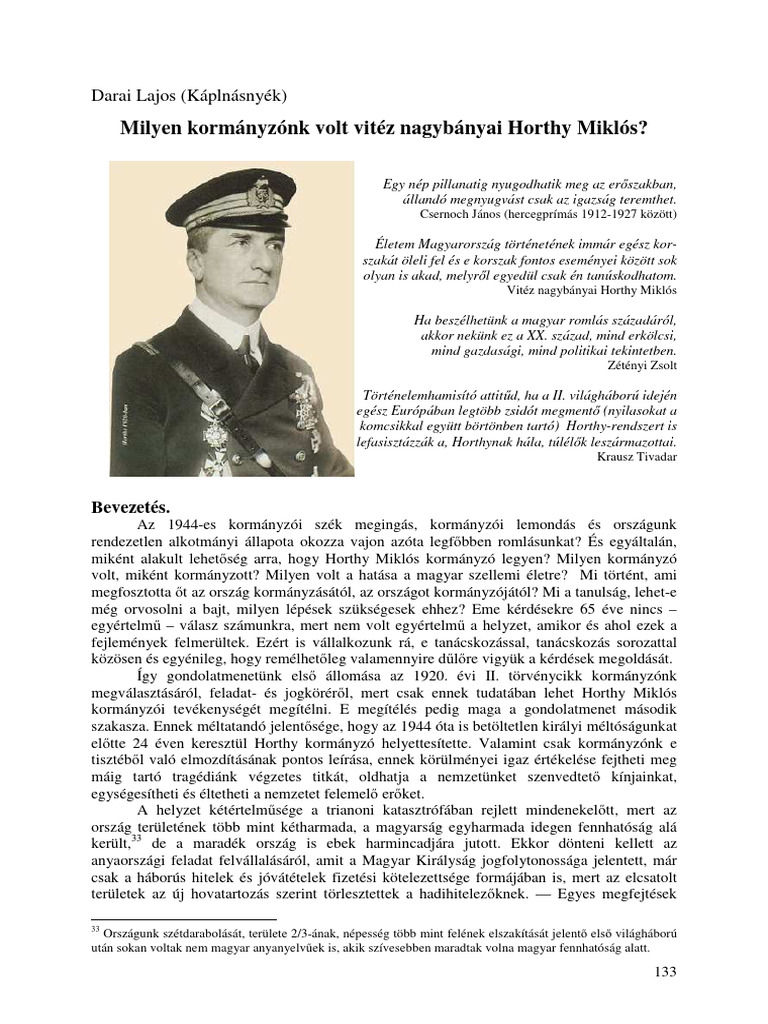 Darai Lajos - Milyen Kormányzónk Volt Vitéz Nagybányai Horthy Miklós | PDF