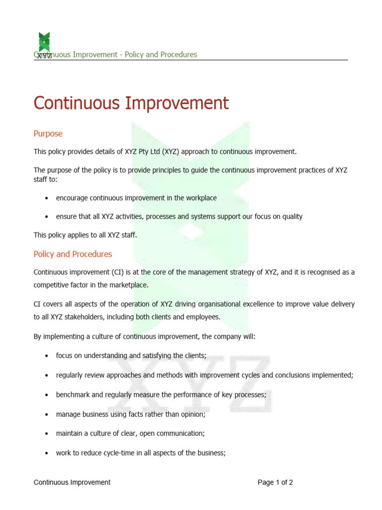 Continous Improvement Policy | PDF | Policy | Quality Management