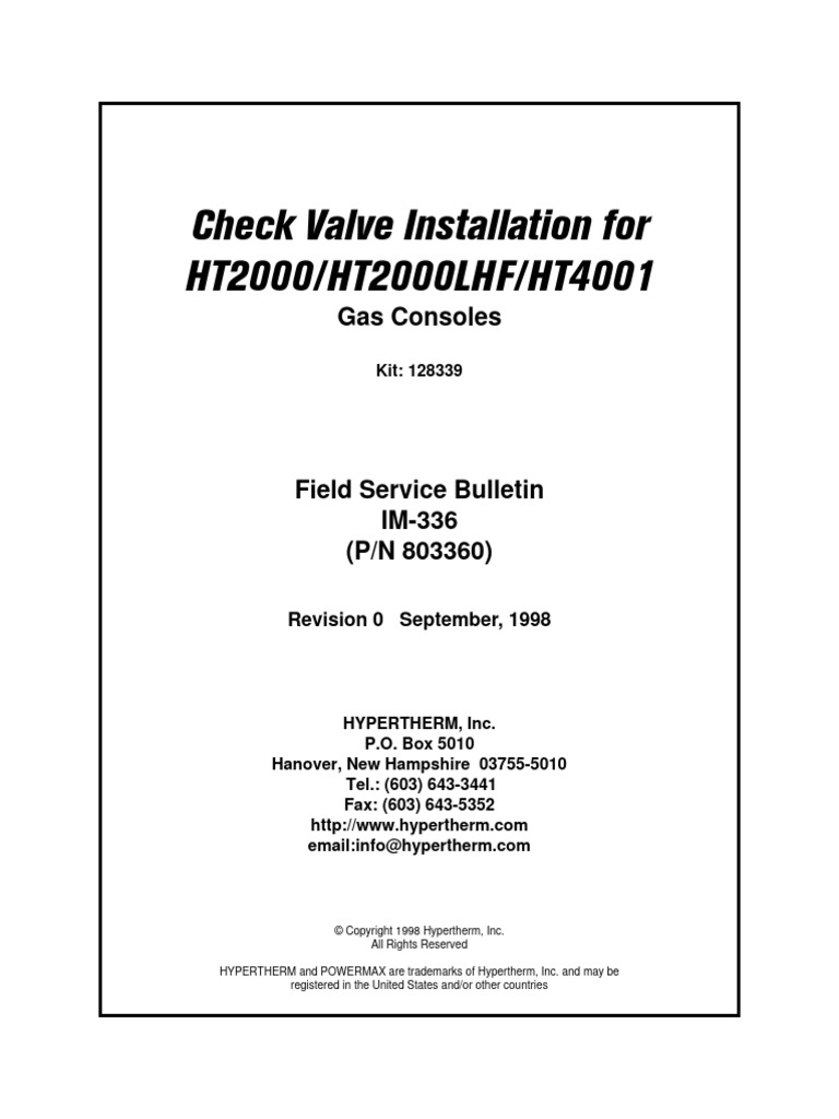 Check Valve Installation For HT2000/HT2000LHF/HT4001: Gas Consoles ...