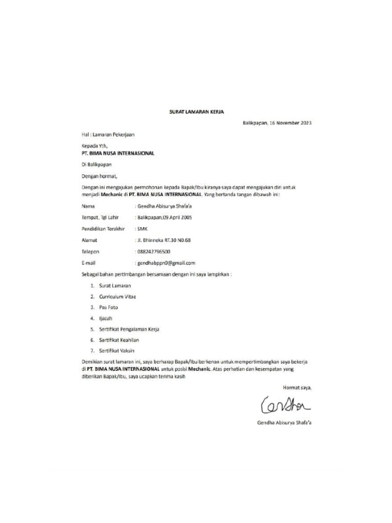 Dokumen Gendha Abisurya Shafa'a (PT Bima Nusa Internasional) | PDF