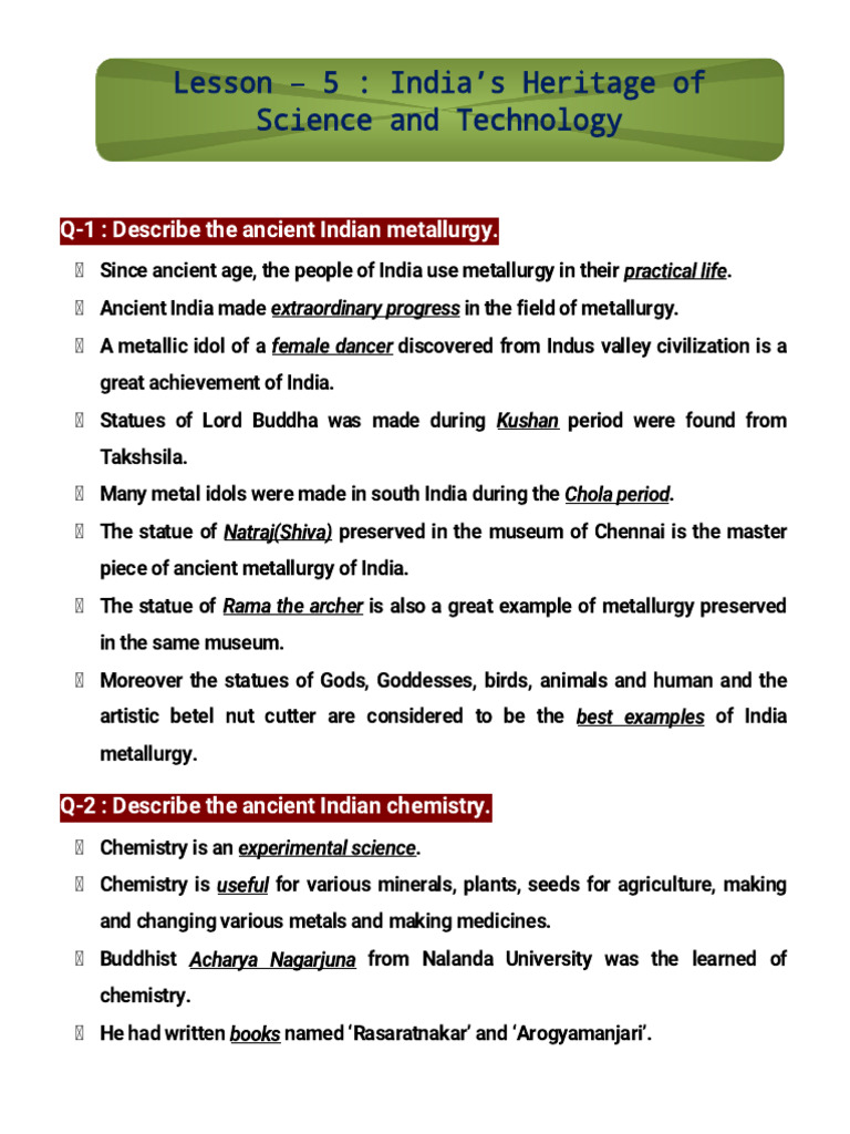 Lesson - 5: India's Heritage of Science and Technology: Q-1: Describe ...