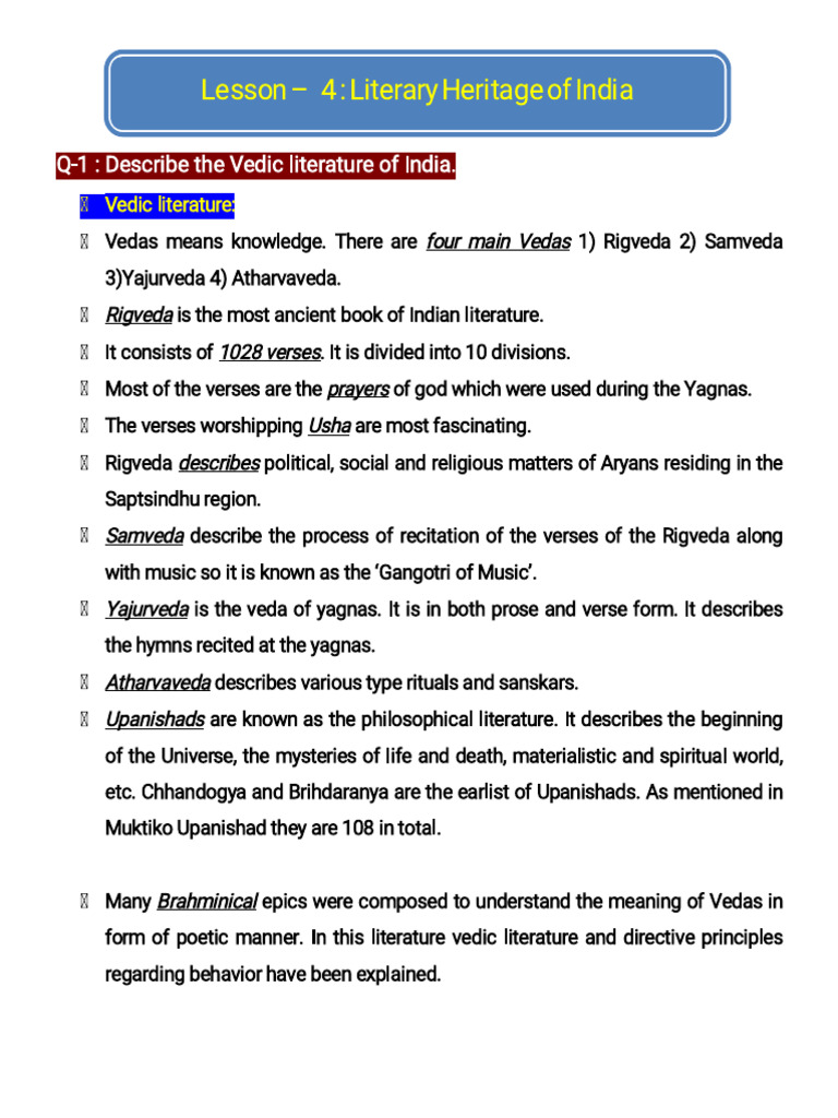 Lesson - 4:literaryheritageofindia: Q-1: Describe The Vedic Literature ...