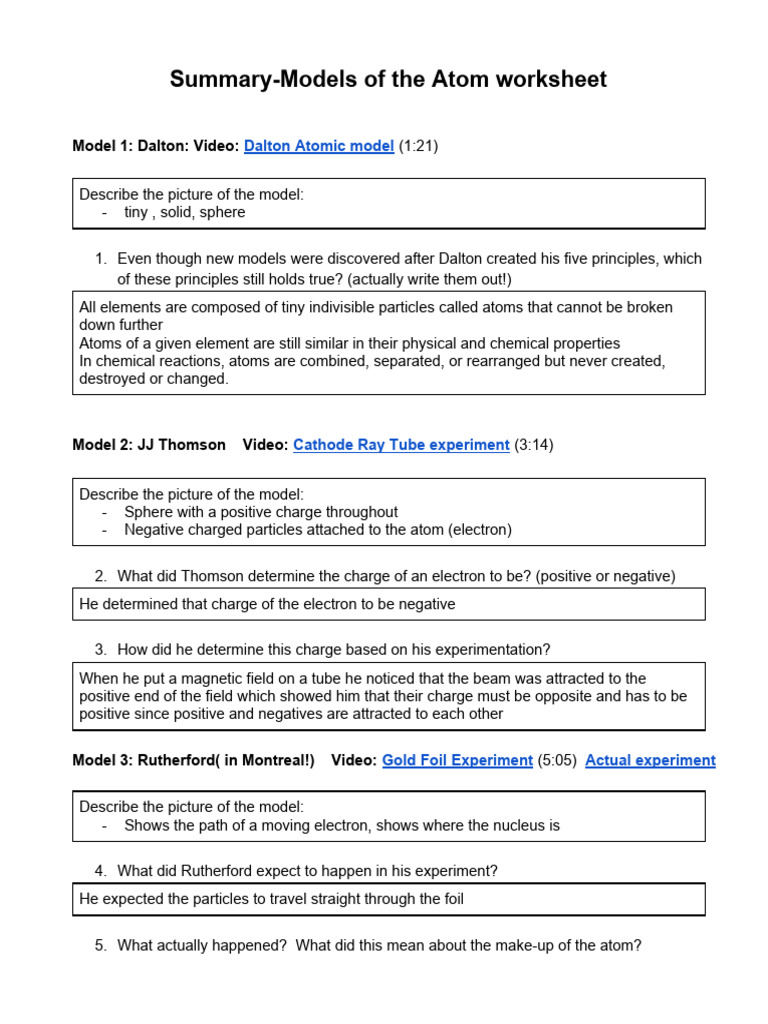 CH B1. Summary-Models of The Atom WRKSHT | PDF | Atoms | Atomic Orbital