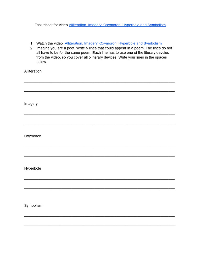 Task Sheet For Video Alliteration, Imagery, Oxymoron, Hyperbole and ...